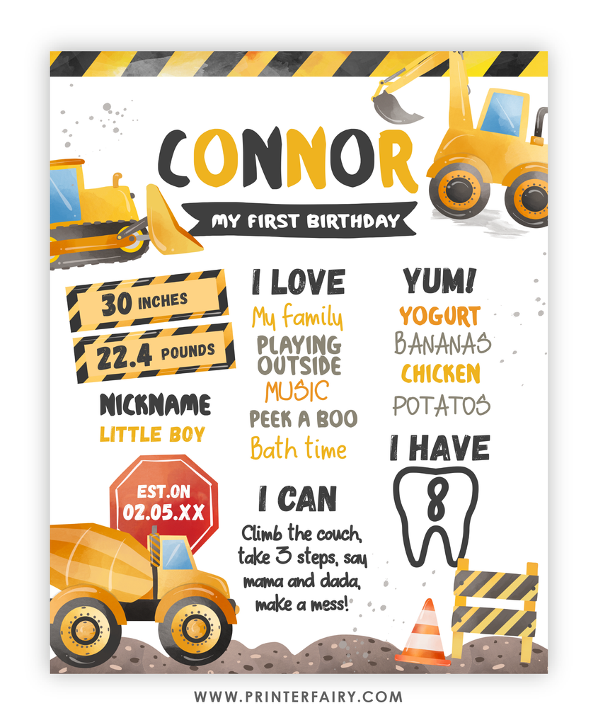 Construction First Birthday Board | PrinterFairy