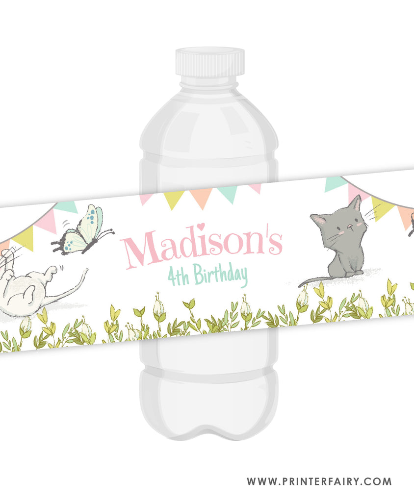 Kitten Garden Party Water Bottle Label | PrinterFairy