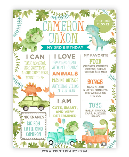 Dinosaur & Cars Birthday Board | PrinterFairy