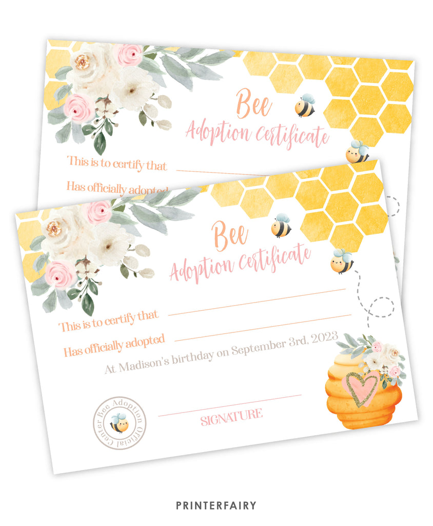 Bee Adoption Sign & Certificate | PrinterFairy