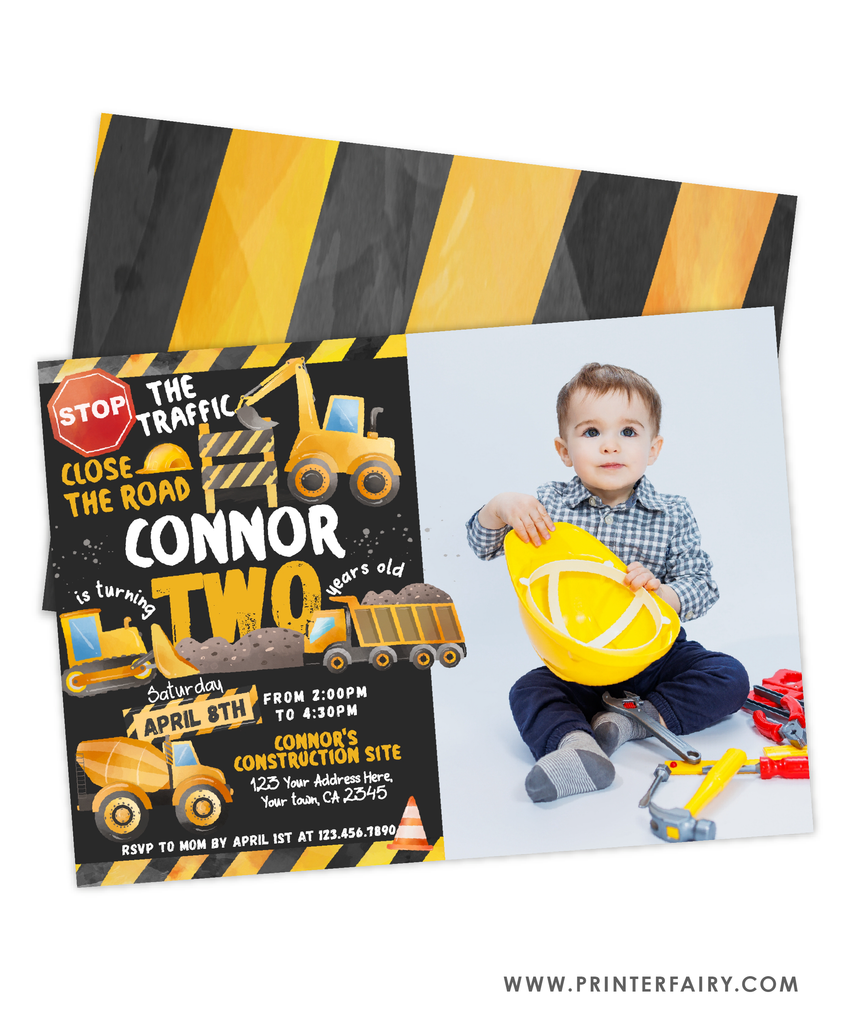 Construction Second Birthday Invitation with Photo | PrinterFairy