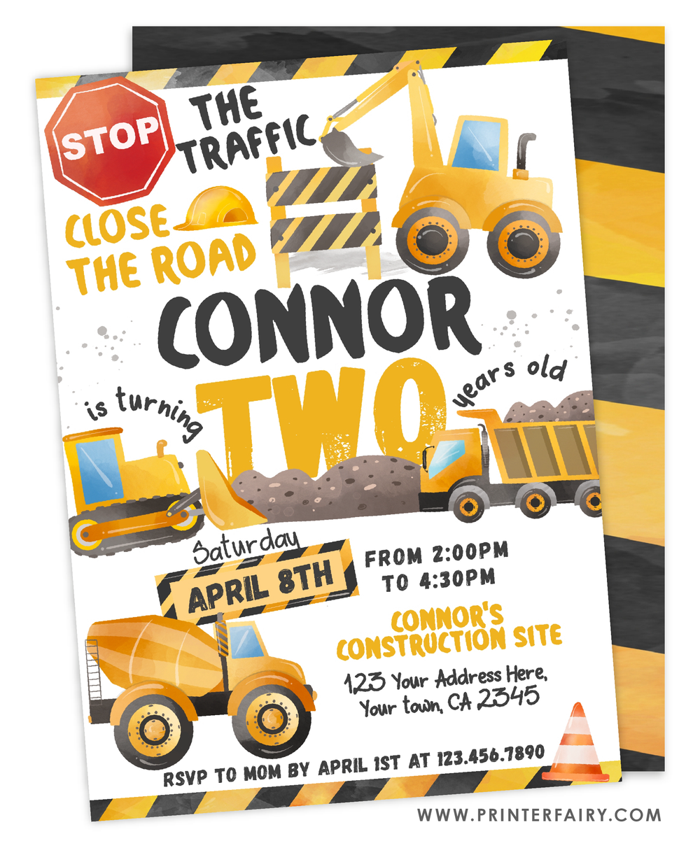 Construction Second Birthday Invitation | PrinterFairy