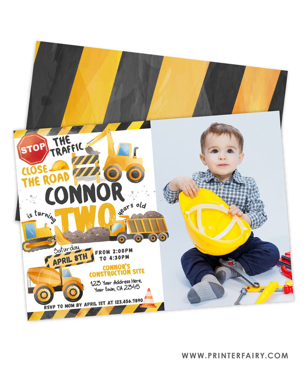 Construction Second Birthday Invitation with Photo | PrinterFairy