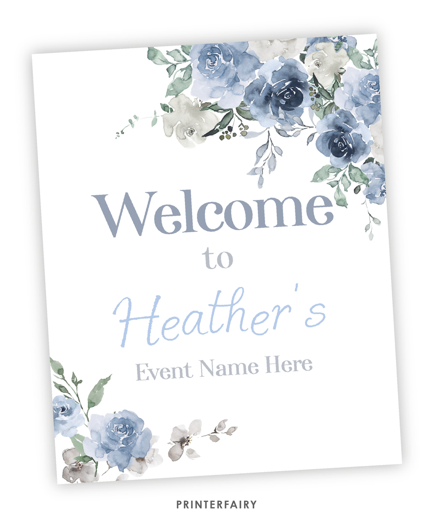 Dusty Blue Floral Welcome Sign | PrinterFairy