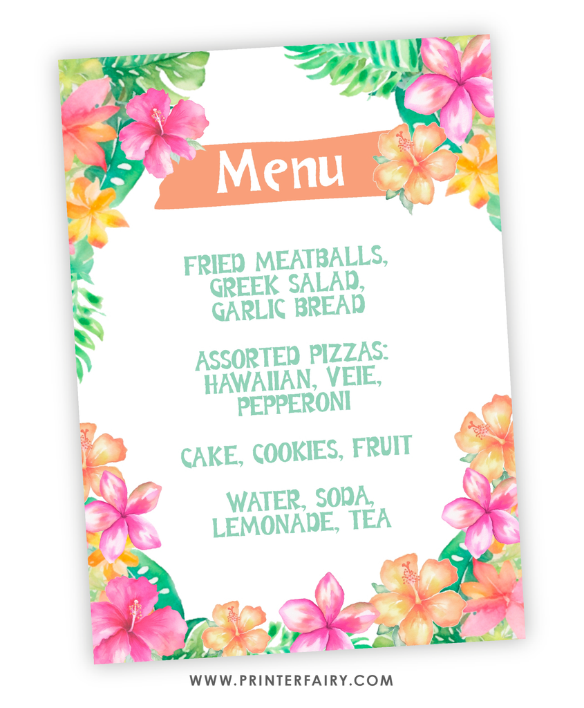 Luau Birthday Party Menu | PrinterFairy