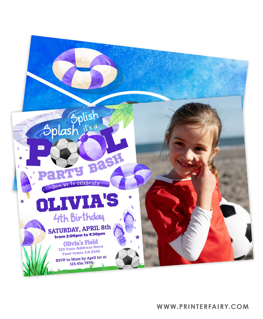 Soccer Pool Birthday Party Invitation with Photo | PrinterFairy