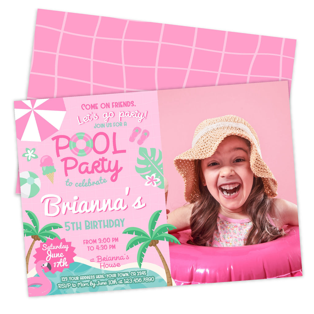 Pink Pool Party Invitation with Photo – PrinterFairy