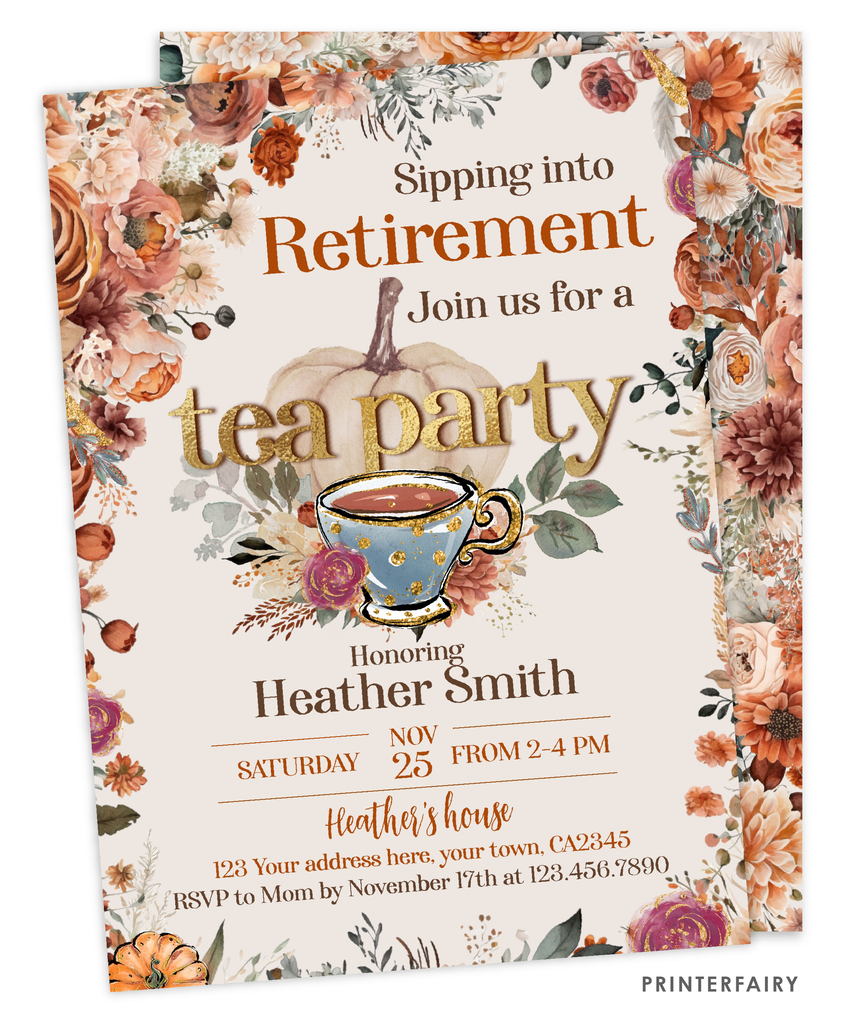 Fall Tea Party Retirement Invitation | PrinterFairy