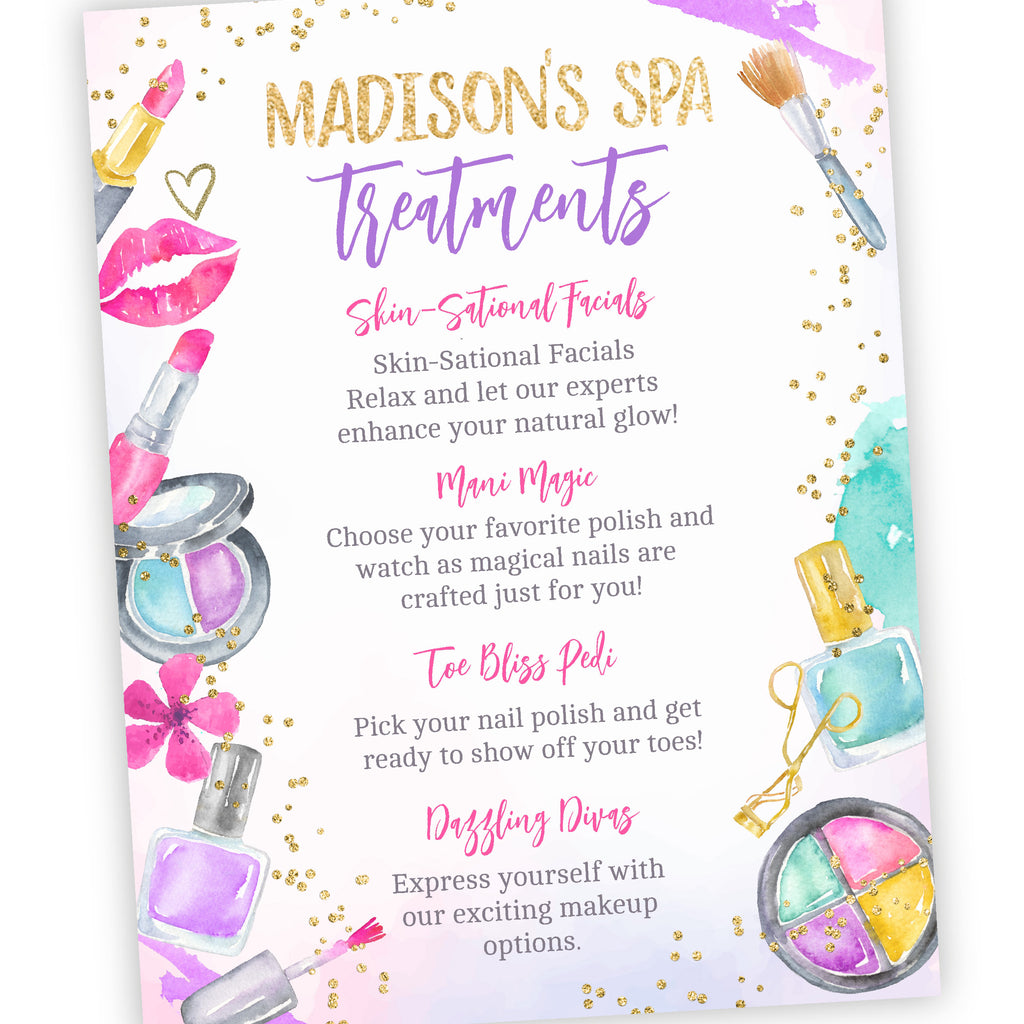 Spa Party Treatments Sign – PrinterFairy