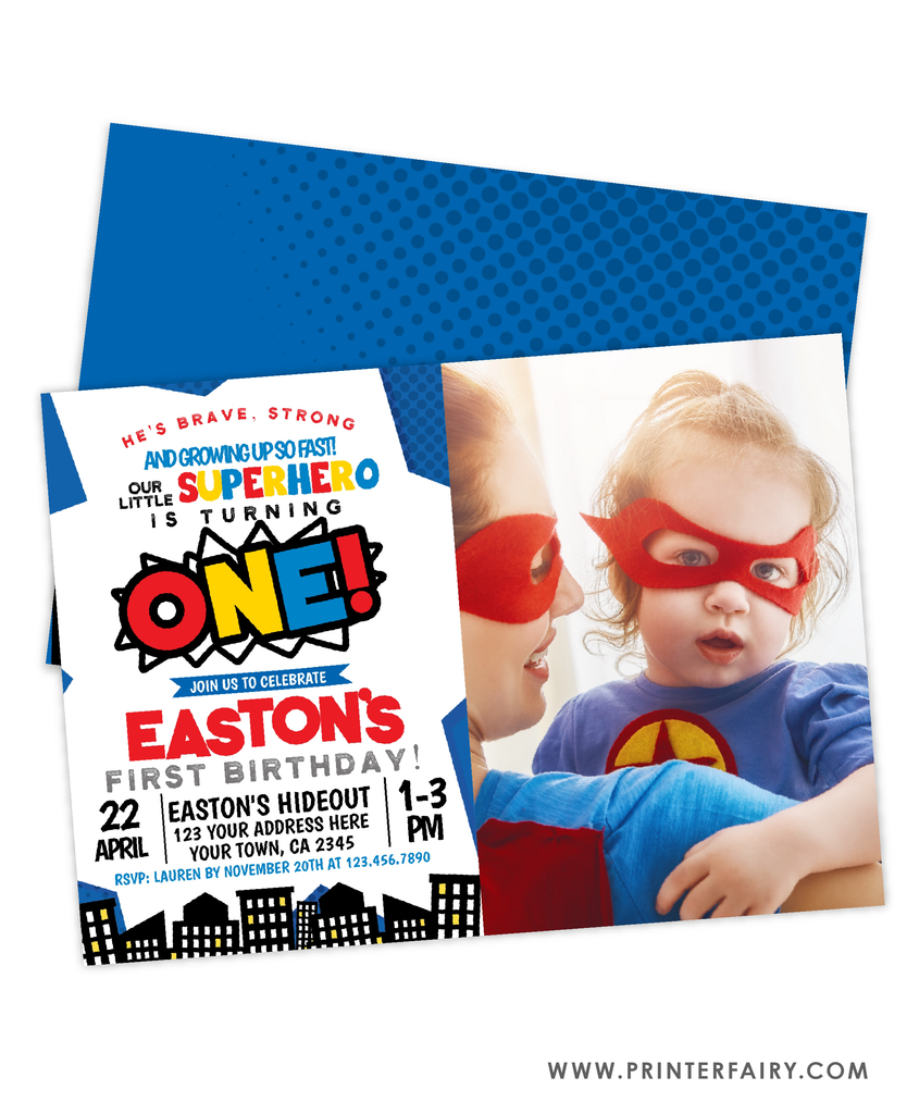 Superhero First Birthday Invitation with Photo | PrinterFairy