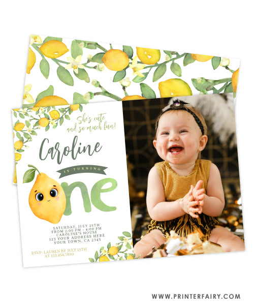 Lemon First Birthday Invitation with photo | PrinterFairy